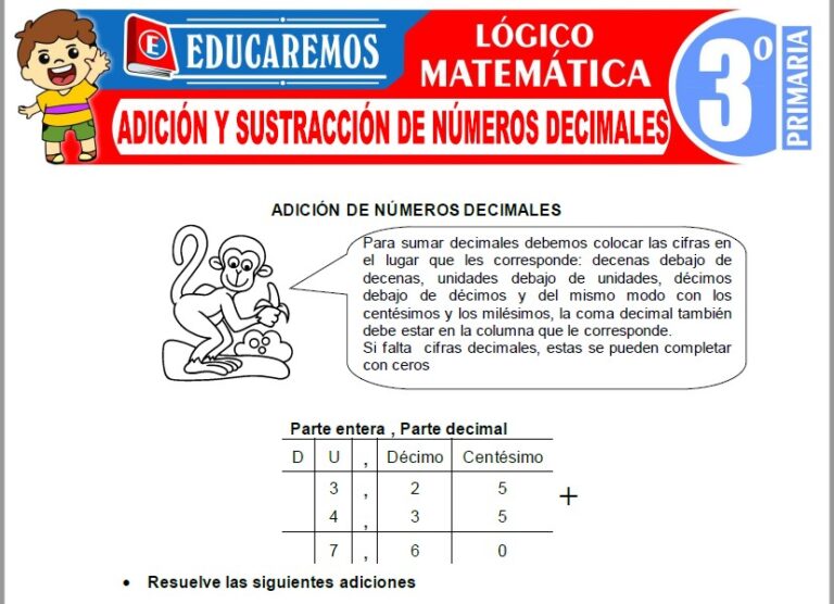 Adición y Sustracción de Números Decimales para Tercero de Primaria » (Fichas GRATIS) 📚